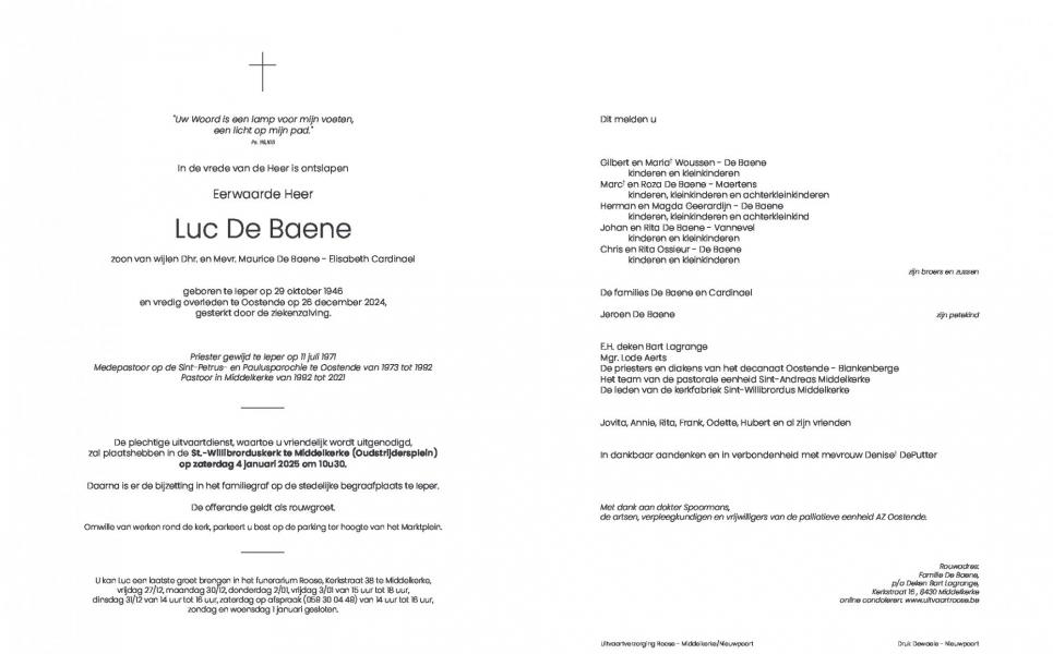 Voormalig pastoor Luc De Baene overleden | Kerknet